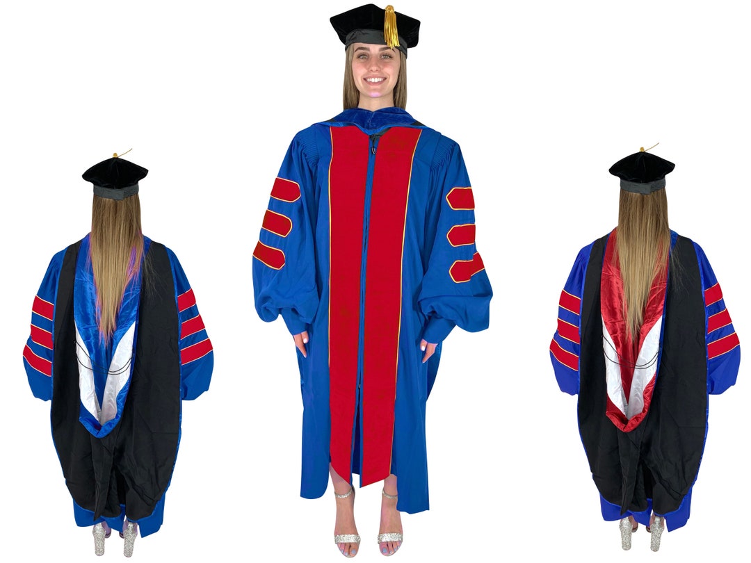 Blue & Red Doctoral Gown, Hood, and Tam Deluxe Set | Academic Attire ...