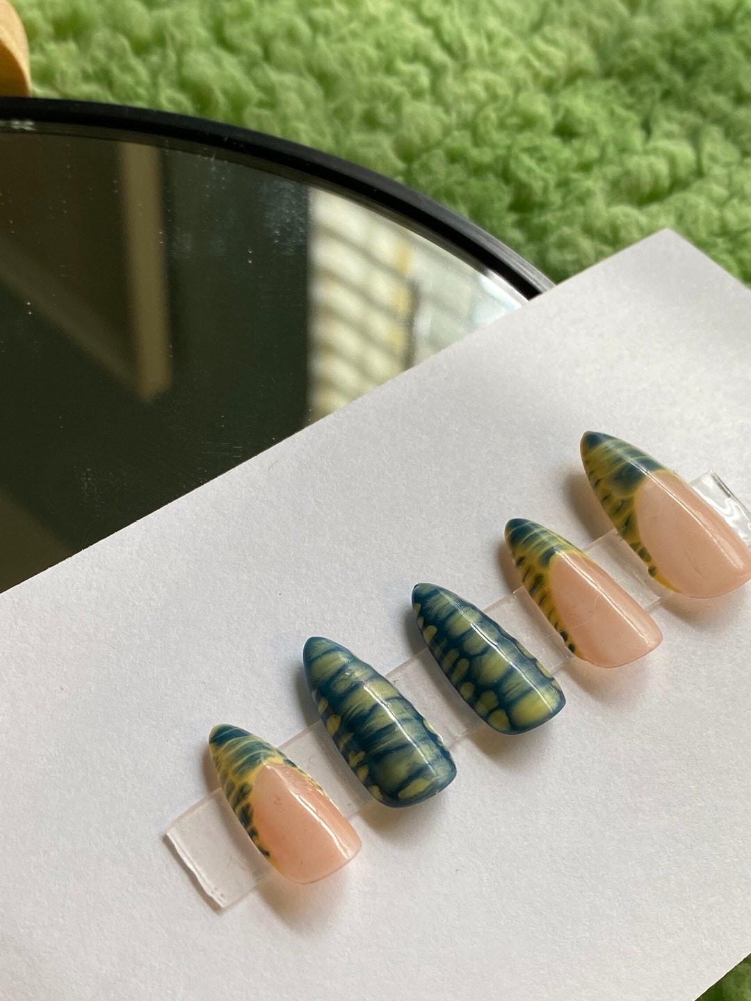 Blue and Yellow Croc-print French Tip Press on Nails 10 Pcs Medium ...