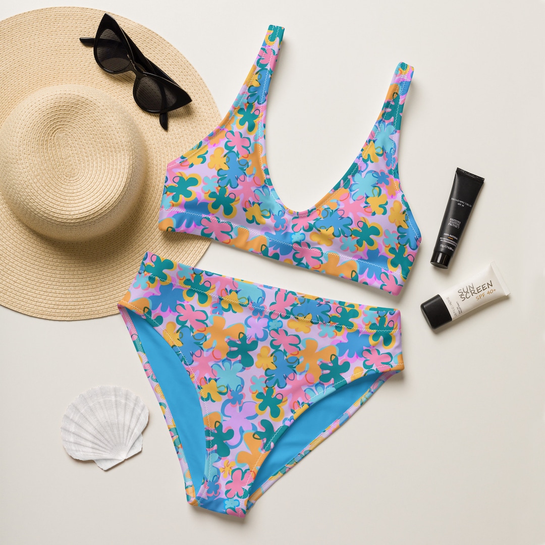 WOMENS TWO PIECE Swimsuit Pretty Pastel High Waisted Bikini Sporty ...