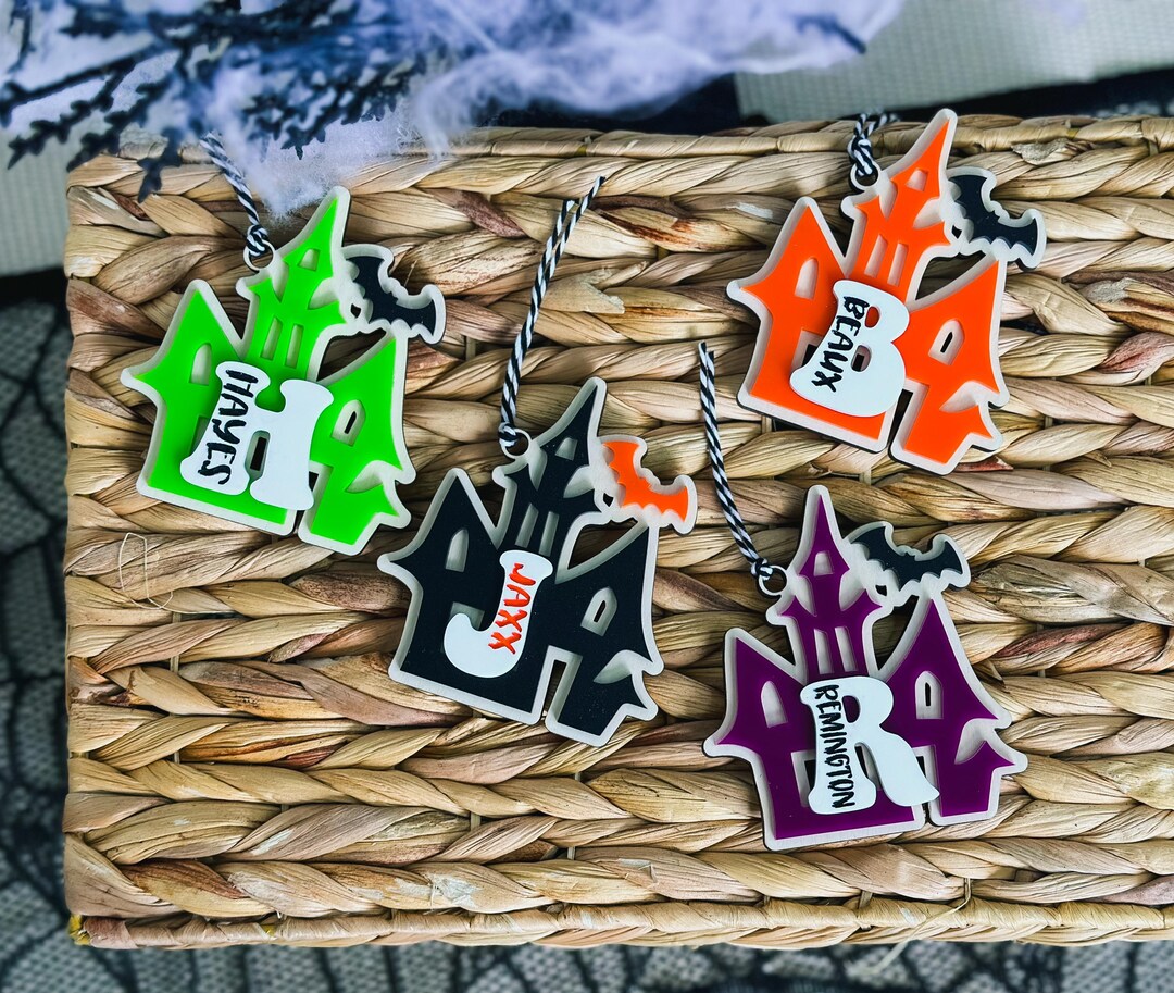 Personalized Haunted House Halloween Basket Tag: Acrylic Kids Name Tag ...