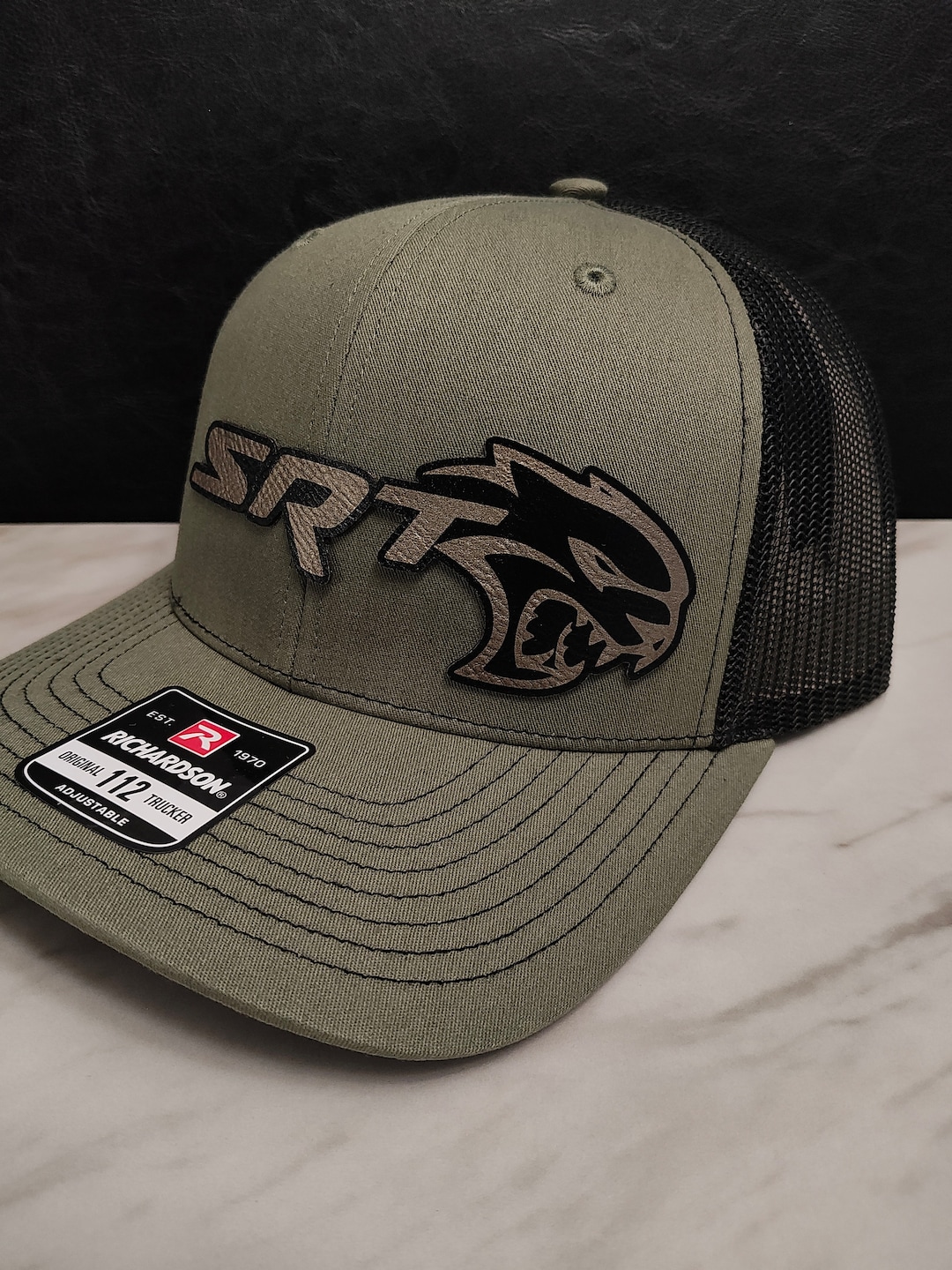 SRT Hellcat New Design / Leather Color Black / Gold Laser Engraved Leather Patch Hat Richardson ...