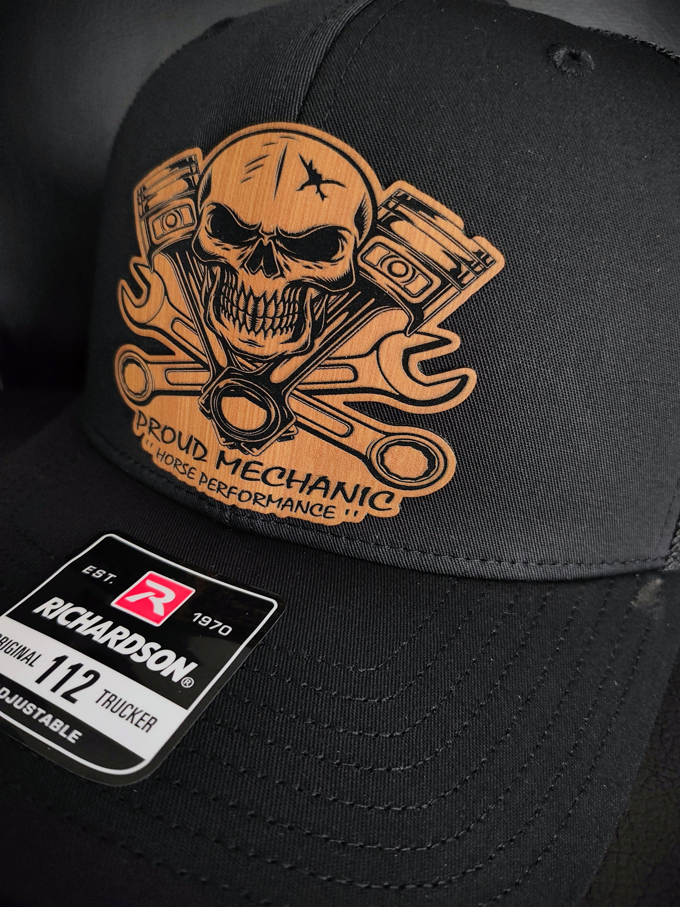 Mechanic " Proud Mechanic" Laser Engraved Leather Patch Hat Richardson ...