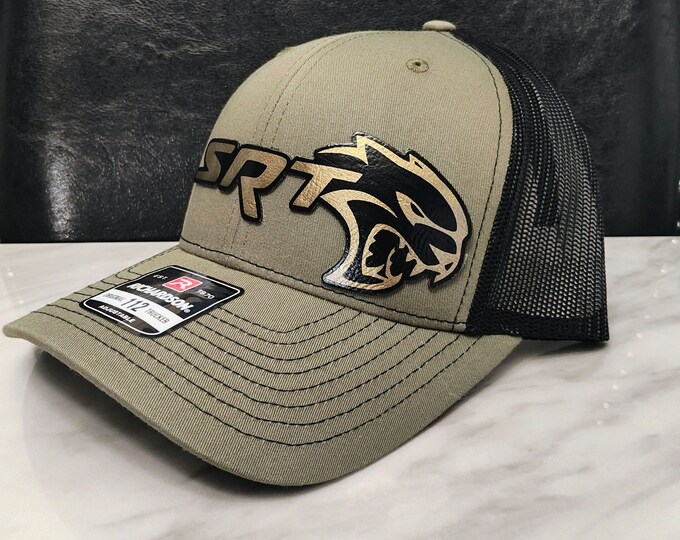 SRT Hellcat New Design / Leather Color Black / Gold Laser Engraved Leather Patch Hat Richardson ...
