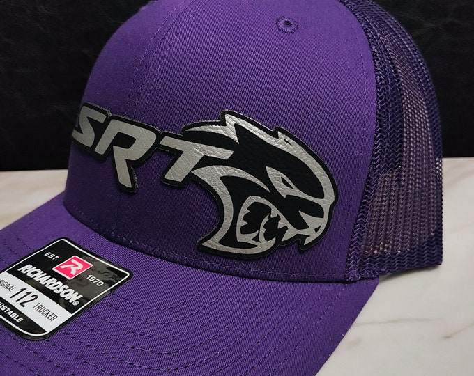 SRT Hellcat " Plum Crazy Purple, Silver Leather Laser Engraved Leather Patch Hat Richardson 112 ...