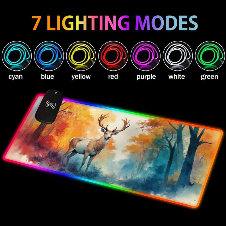 XL Deer Watercolor Gaming Mouse Pad, RGB LED Wireless Charging Desk Mat ...