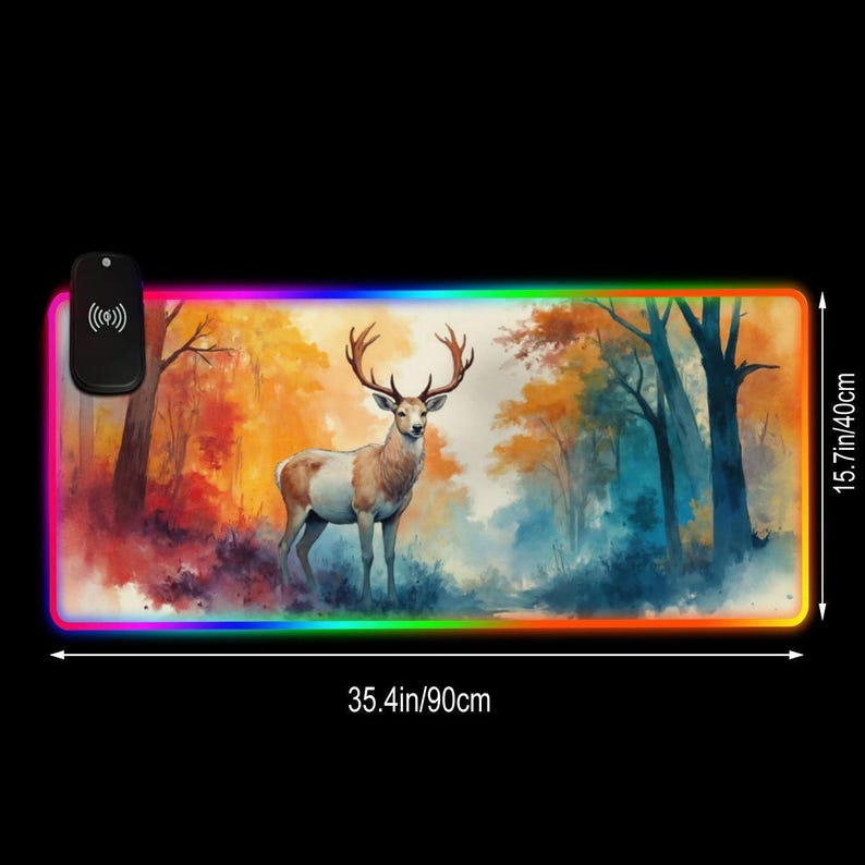 XL Deer Watercolor Gaming Mouse Pad, RGB LED Wireless Charging Desk Mat ...