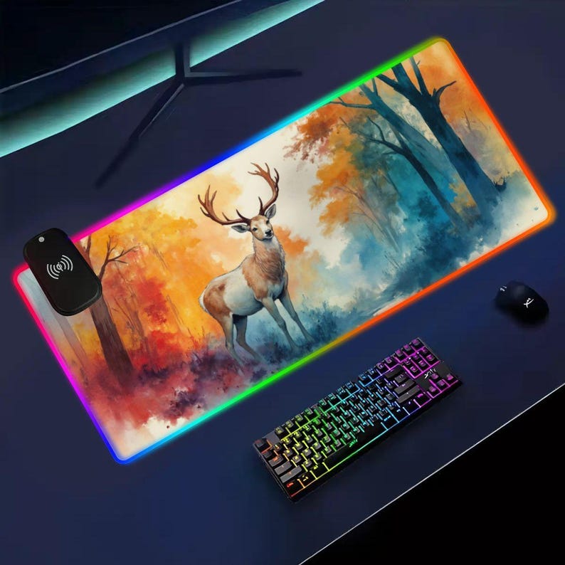 XL Deer Watercolor Gaming Mouse Pad, RGB LED Wireless Charging Desk Mat ...
