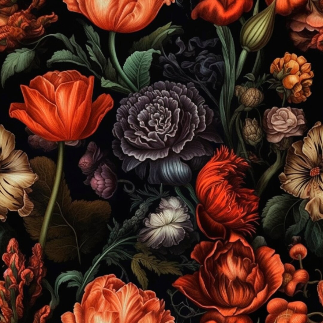 Dark Floral Seamless Pattern, Autumn Digital Paper, Orange Whimsigoth ...
