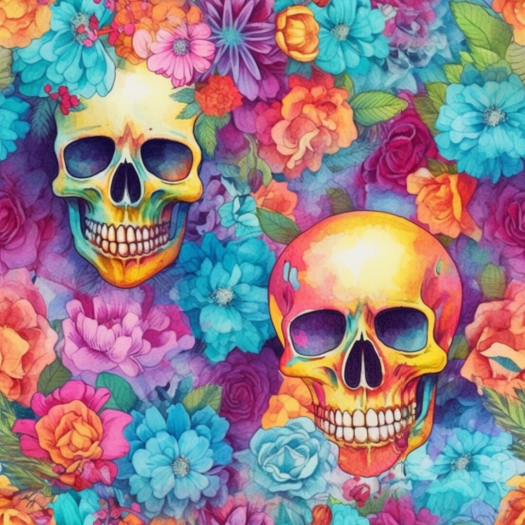 Watercolor Floral Skull Seamless Digital Pattern Bright Colorful Flower ...