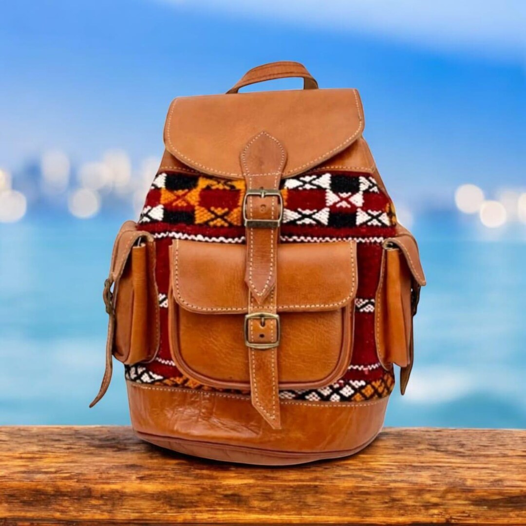 Woven Aztec LEATHER BACKPACK Boho, Moroccan Kilim Carpet Rucksack, Red ...