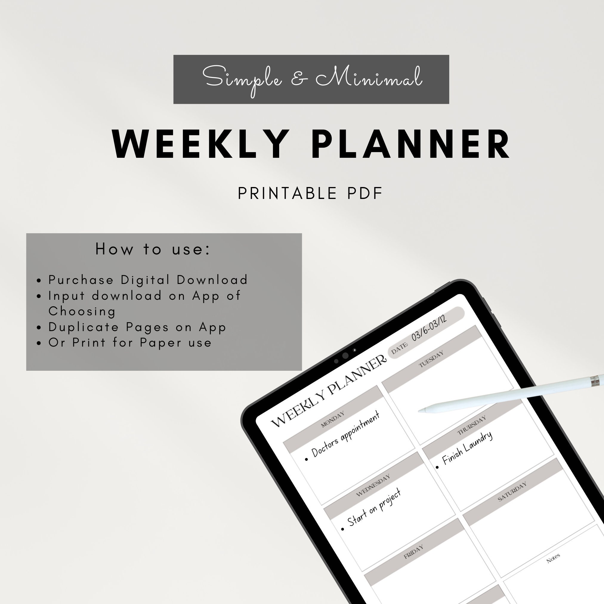 Digital Weekly Planner for Goodnotes, Notability, Minimalistic Digital ...