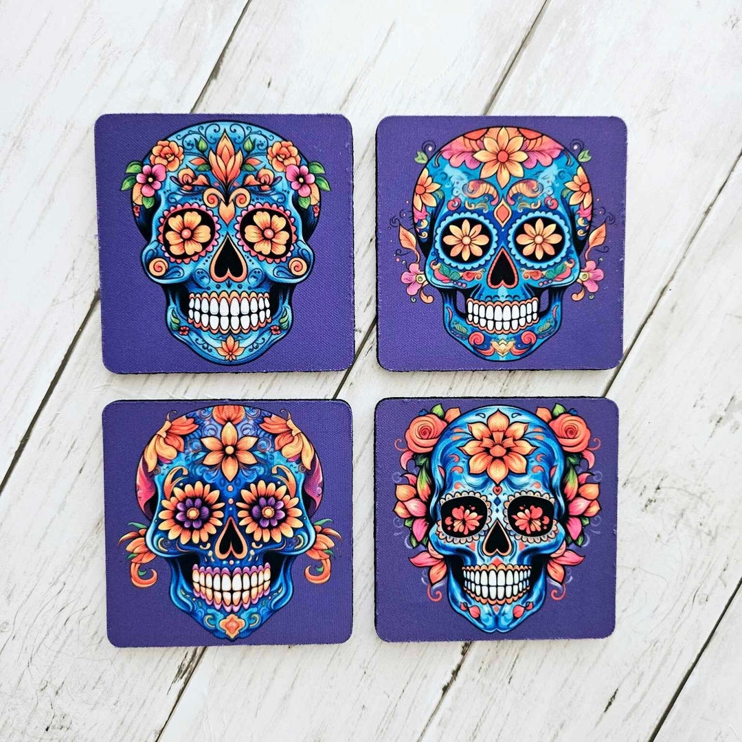 Colorful Skull Coasters 4 Pack. Great for Any Home or Office. Birthday ...