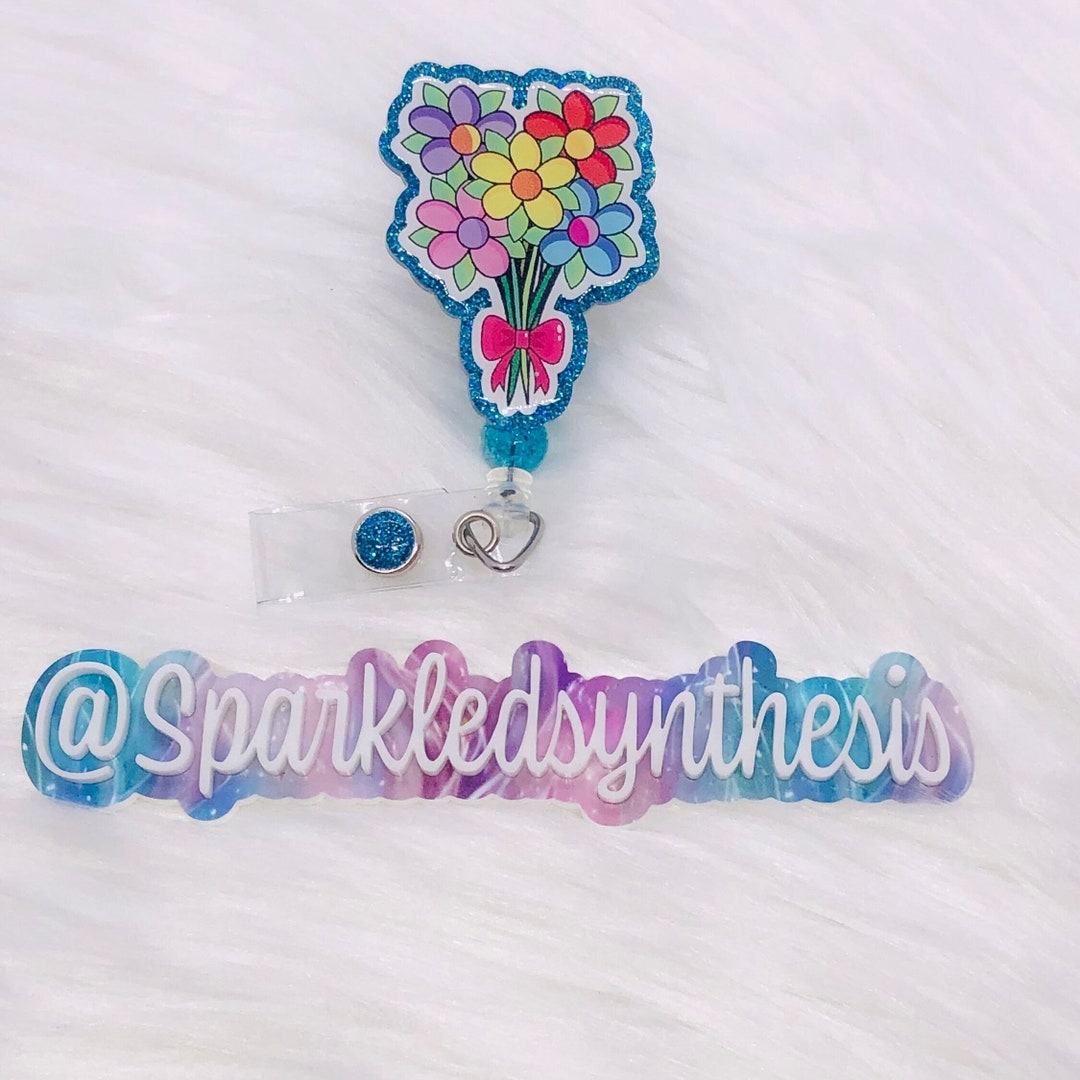 Floral Bouquet Badge Reel – Glitter ID Holder, Teacher Nurse Accessory ...