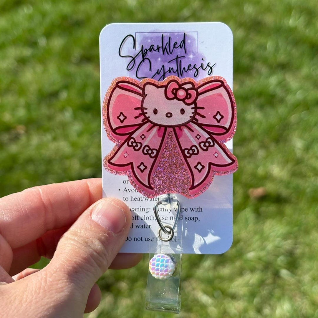 Cute Kitty Pink Bow Badge Reel, Coquette Bow Badge Reel, Coquette Kitty ...