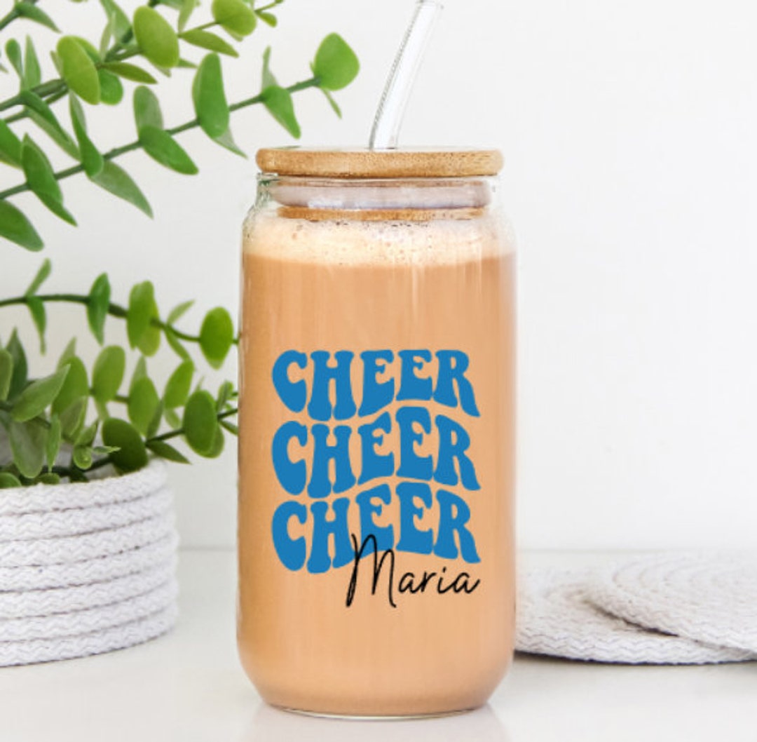 Personalized Retro Cheer Iced Coffee Glass Cup - Lid and Glass Straw ...