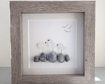 Three White Sea Glass Birds on Beach Rocks Sea Glass Art Picture ...
