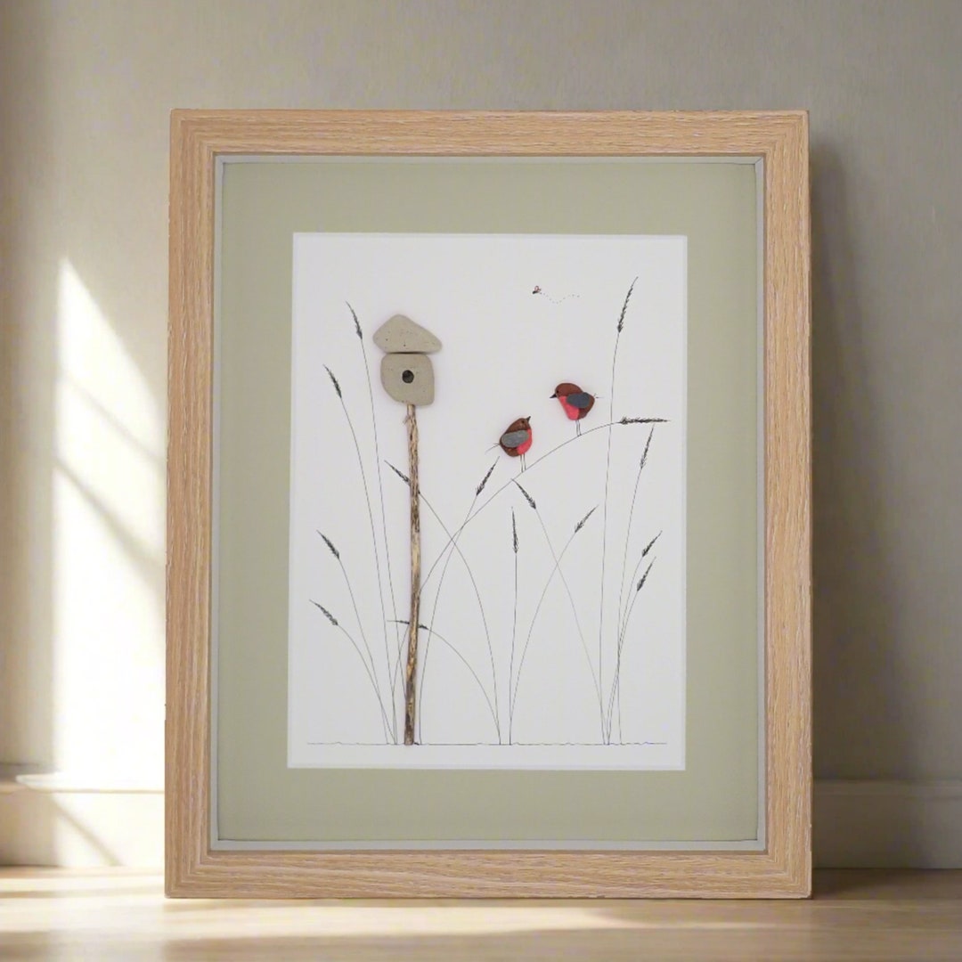 Sea Glass Robins on Marsh Reeds With a Sea Pottery Bird House Picture ...