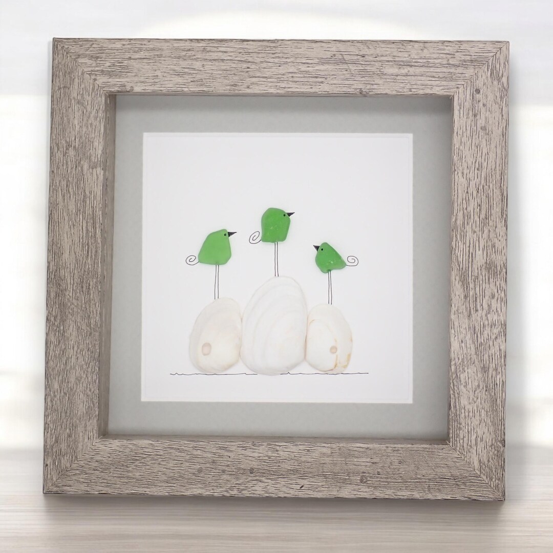 Three Green Sea Glass Birds on Clam Shells - Sea Glass Art Picture ...