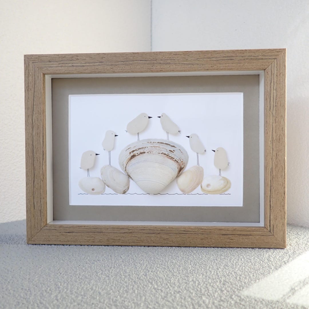 Six Sea Glass Birds on Clam Shells - Sea Glass Art Picture - Upcycled ...