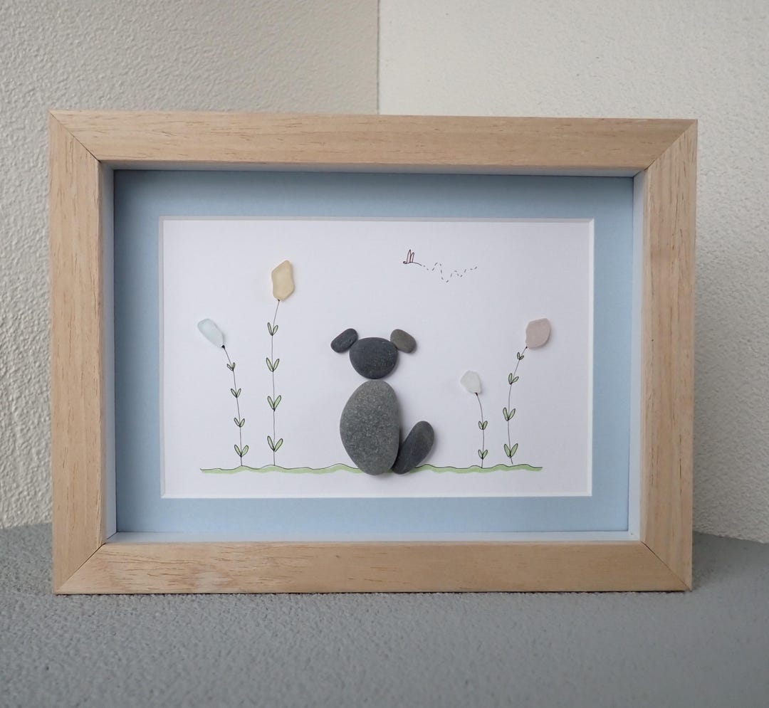 Beach Pebble Dog in a Sea Glass Garden - Sea Glass Art Picture ...