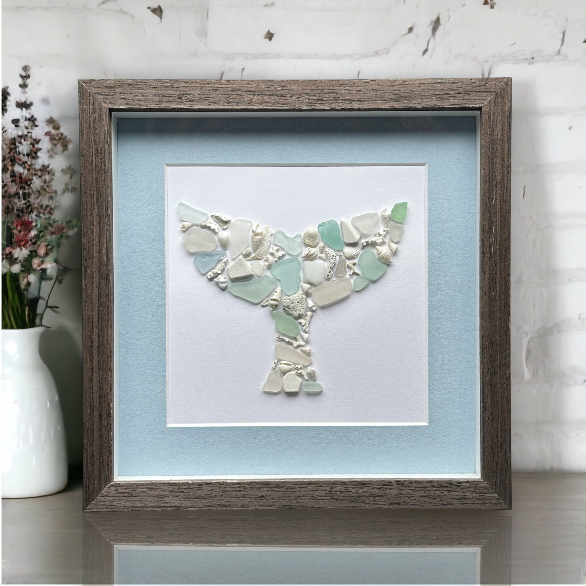 Aqua Sea Glass Mosaic Whale Tail With Coral, Shells, & Pottery Picture ...