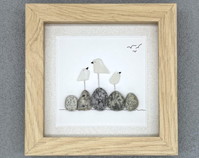Three White Sea Glass Birds on Beach Rocks - Sea Glass Art Picture ...