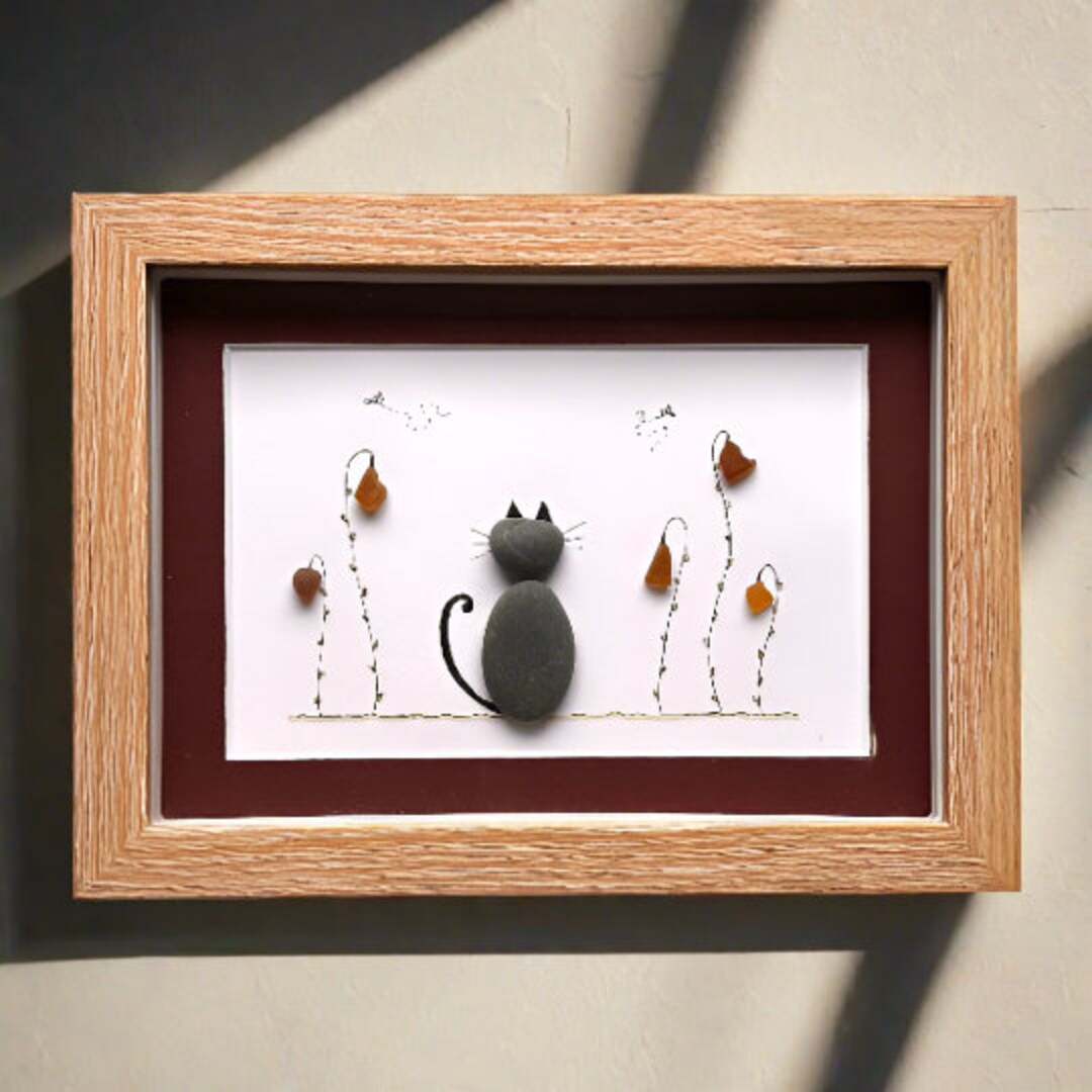 Beach Pebble Cat in a Sea Glass Rose Garden - Etsy