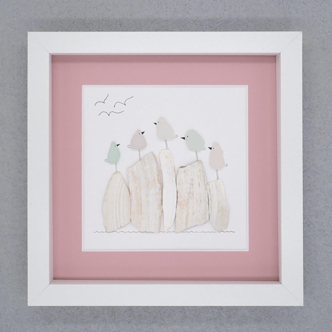 Five Sea Glass Birds on Washed Clam Shells - Sea Glass Art Picture ...