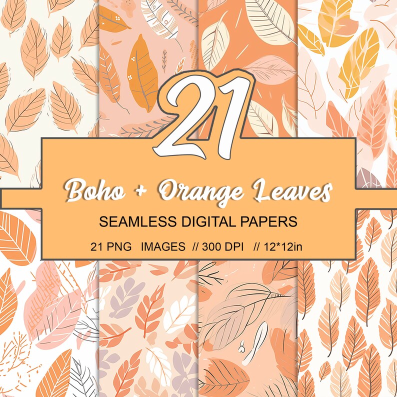 Boho Leaves Digital Paper, Orange Leaves Seamless Pattern, Leaves ...