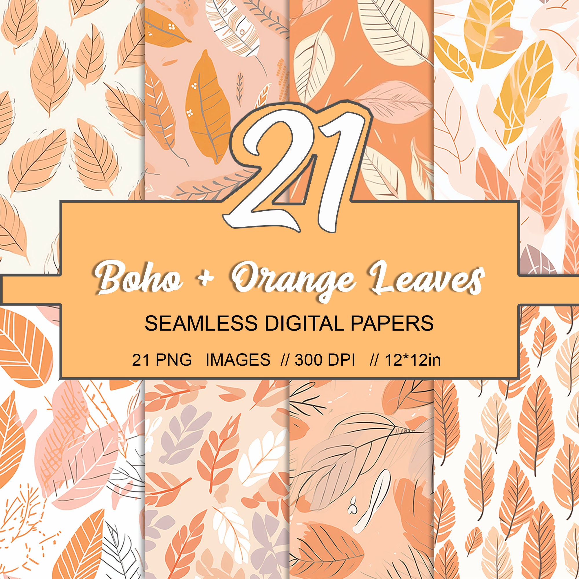 Boho Leaves Digital Paper, Orange Leaves Seamless Pattern, Leaves ...