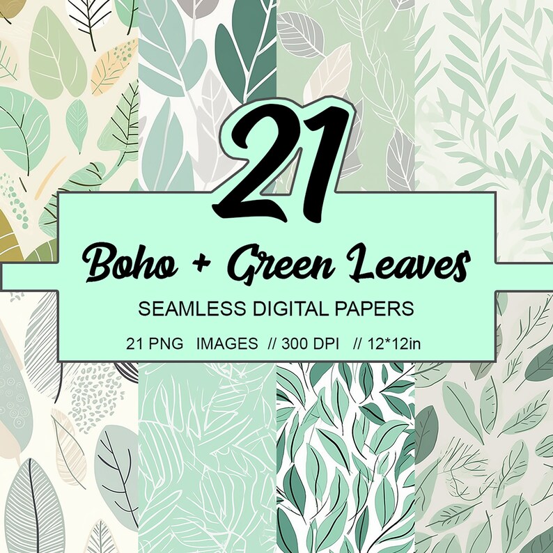 Boho Leaves Digital Paper, Green Leaves Seamless Pattern, Leaves Prints ...