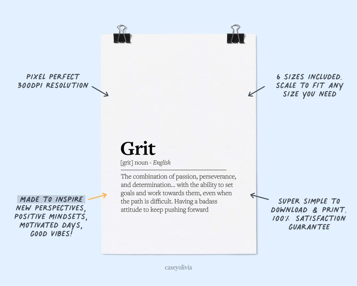 Grit Definition Printable Wall Art Motivational Grit Meaning Quote to ...