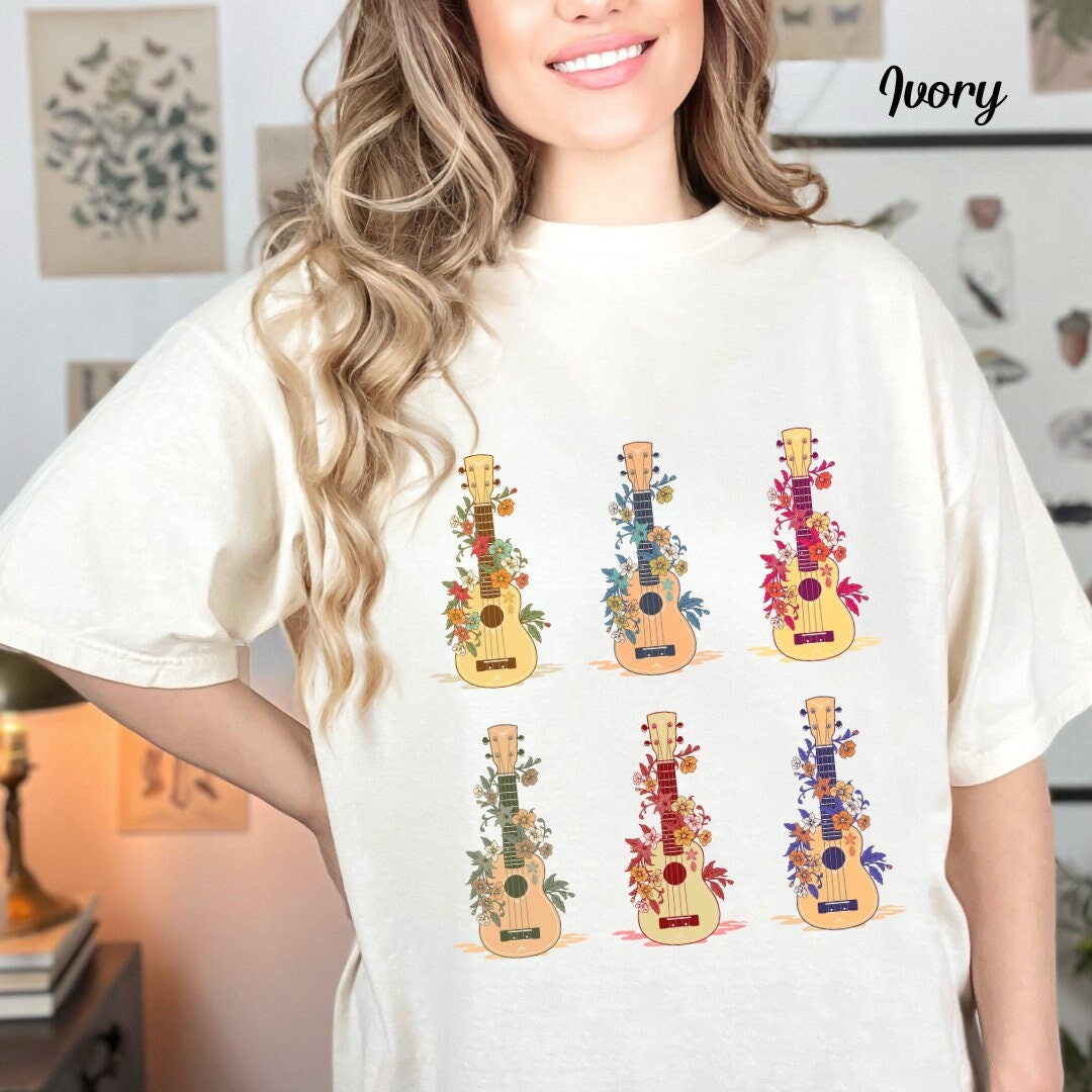 Ukulele Boho Hippie Floral Oversized Comfort Colors T-shirt, Wildflower ...