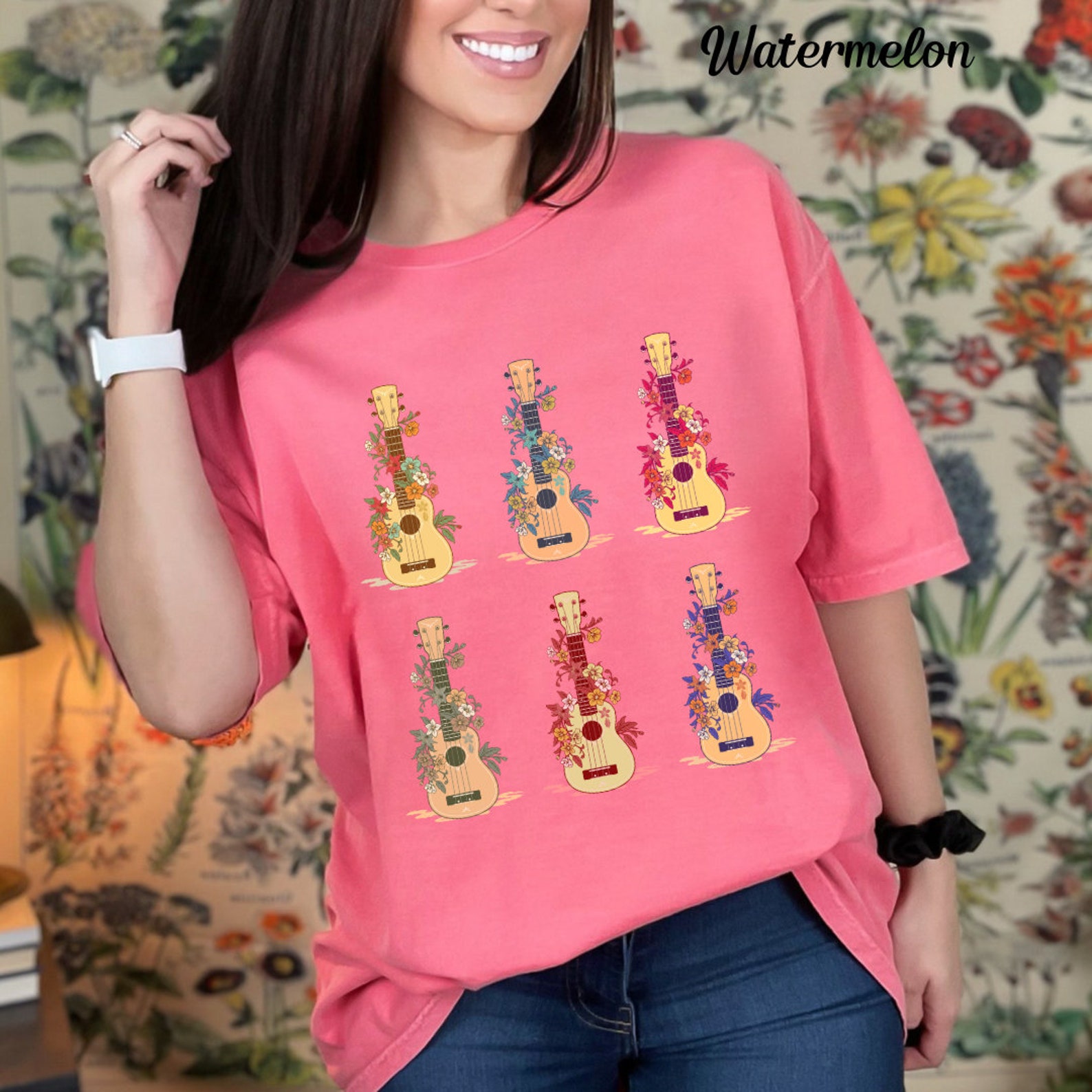 Ukulele Boho Hippie Floral Oversized Comfort Colors T-shirt, Wildflower ...