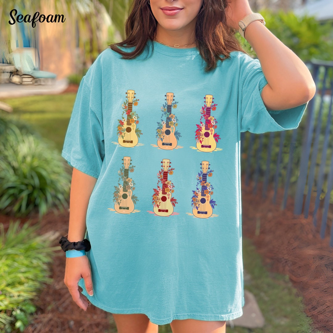 Ukulele Boho Hippie Floral Oversized Comfort Colors T-shirt, Wildflower ...