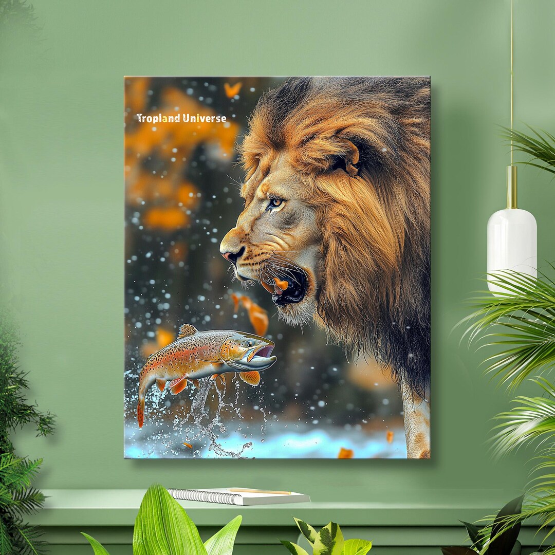 Lion Catching Fish Printable Wall Art Digital Download Lion Art, Forest ...