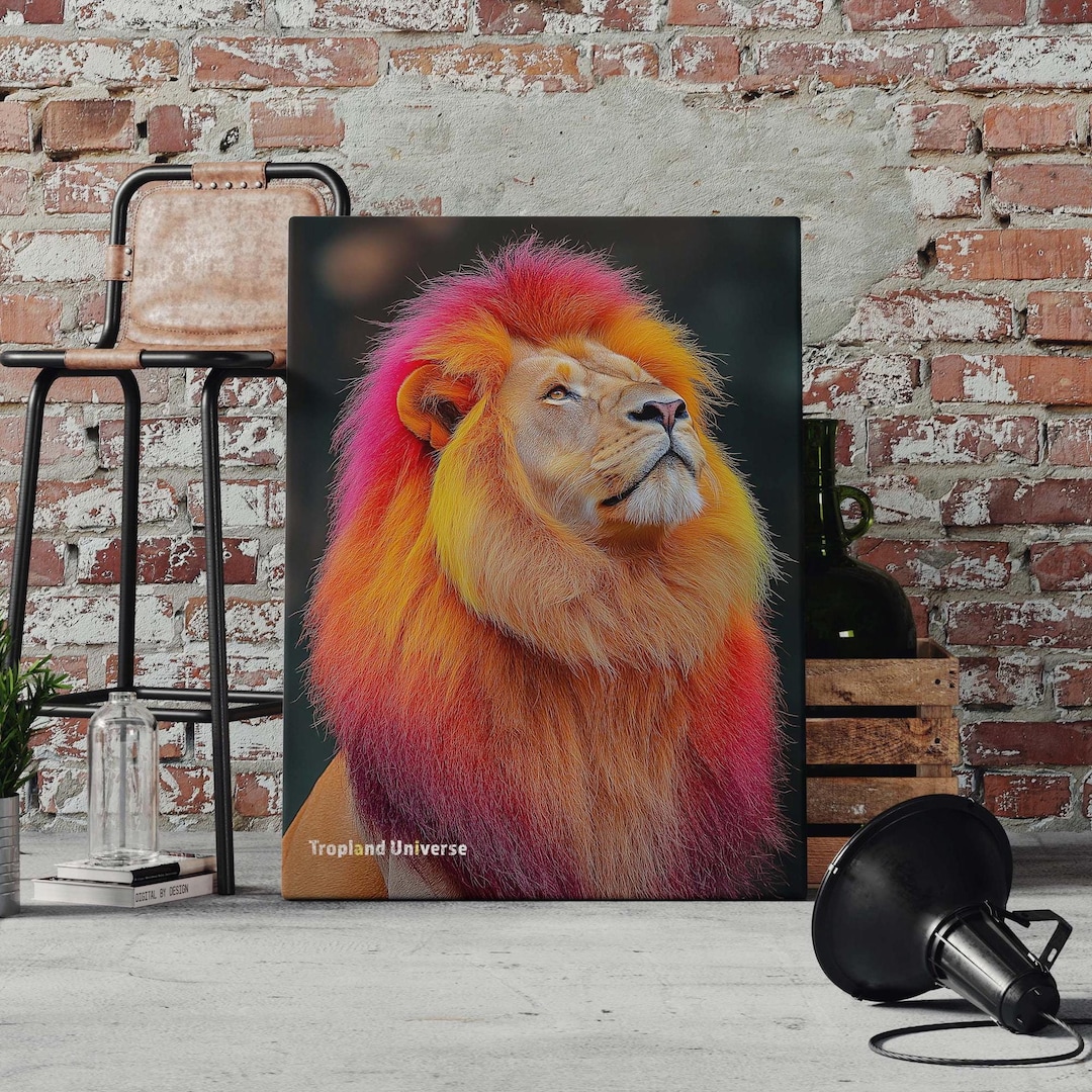 Colorful Lion Wall Art - Vibrant Orange & Purple Lion Portrait, Bold ...