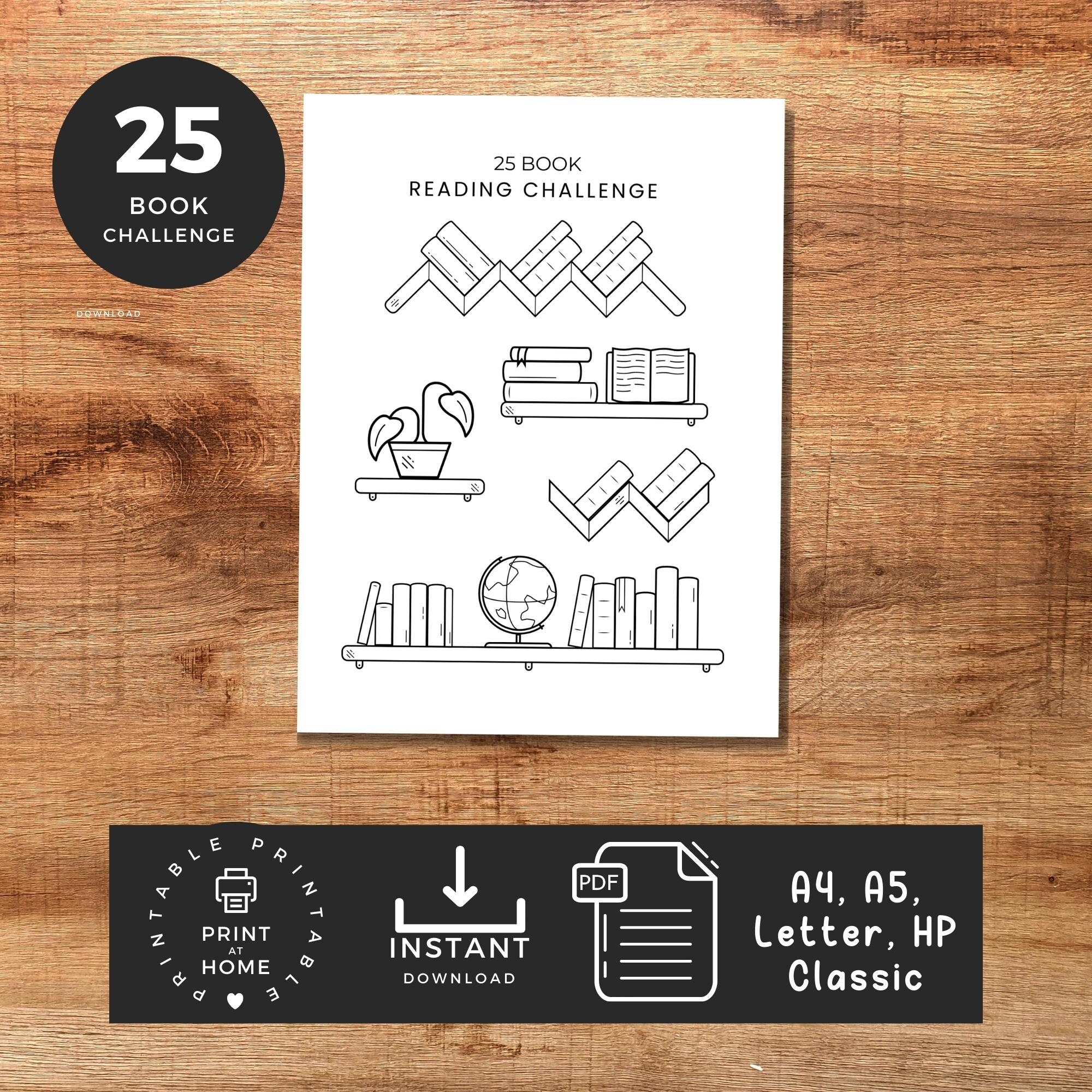 25 Book Reading Challenge Printable, Bookshelf Reading Tracker, Books ...