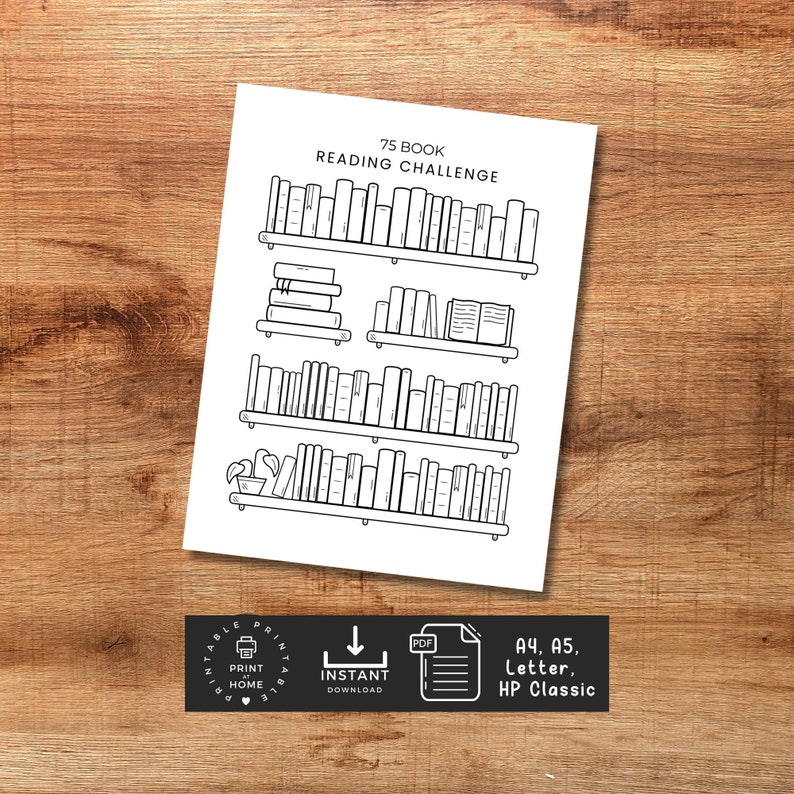 75 Book Reading Challenge Printable, Bookshelf Reading Tracker, Books ...