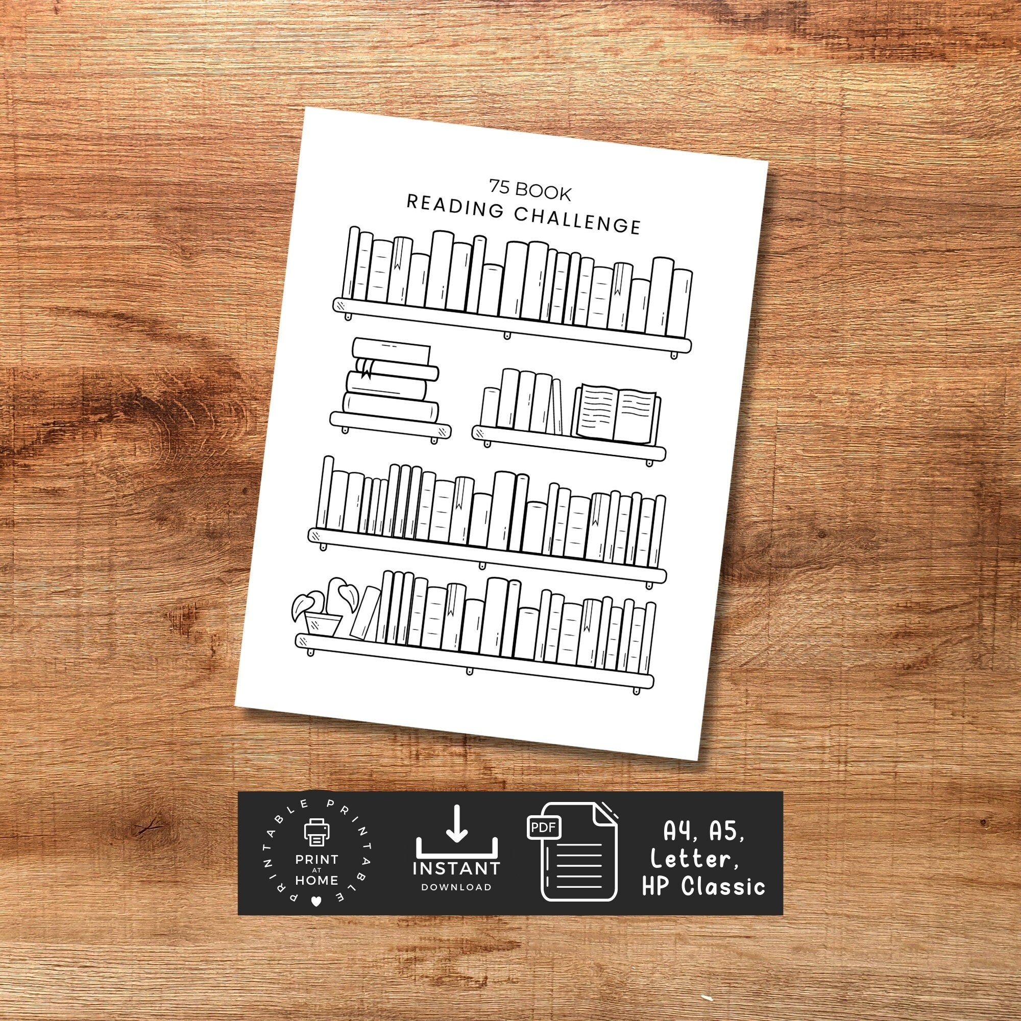 75 Book Reading Challenge Printable, Bookshelf Reading Tracker, Books ...