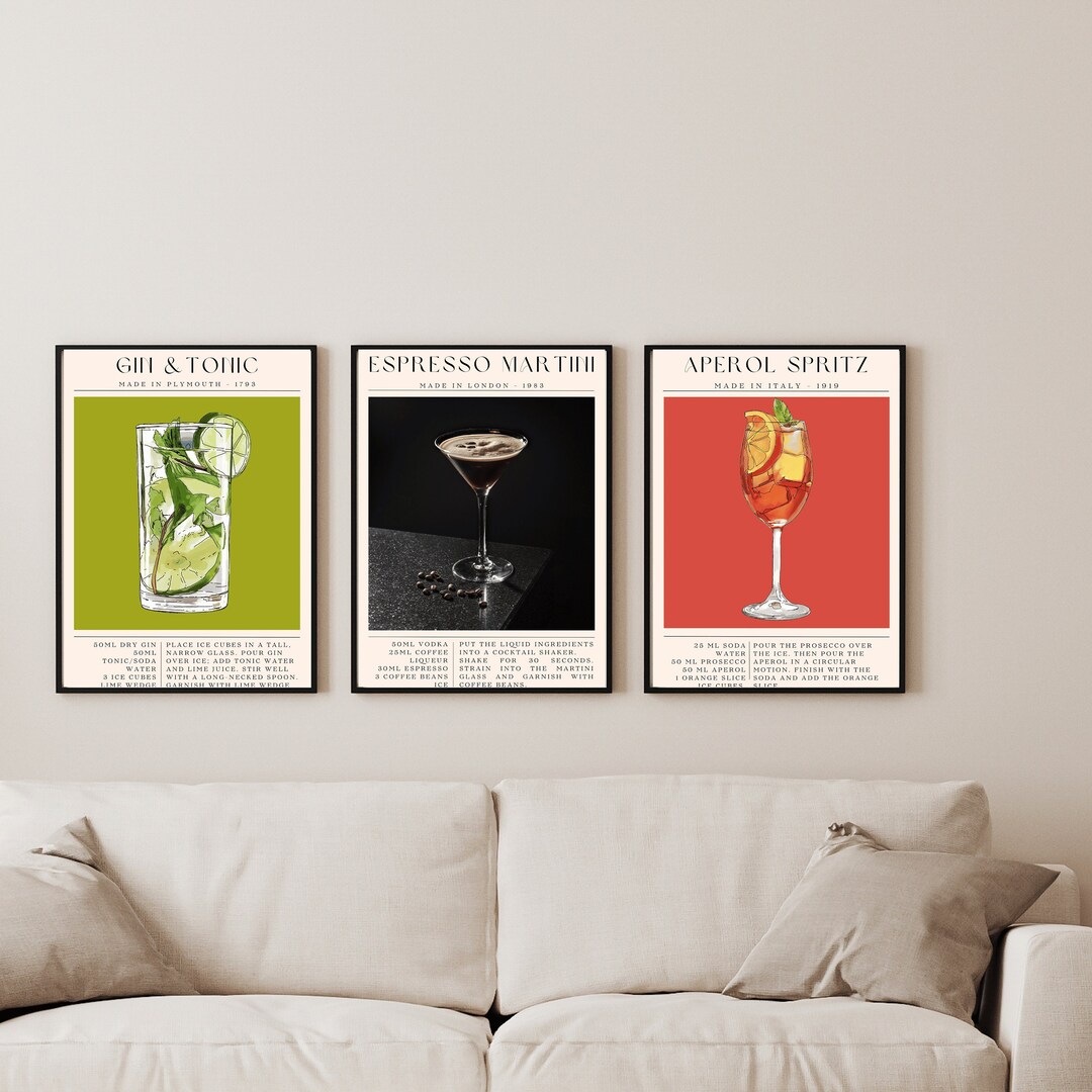 3 Piece Vintage Cocktail Poster Set, Espresso Martini, Aperol Spritz ...