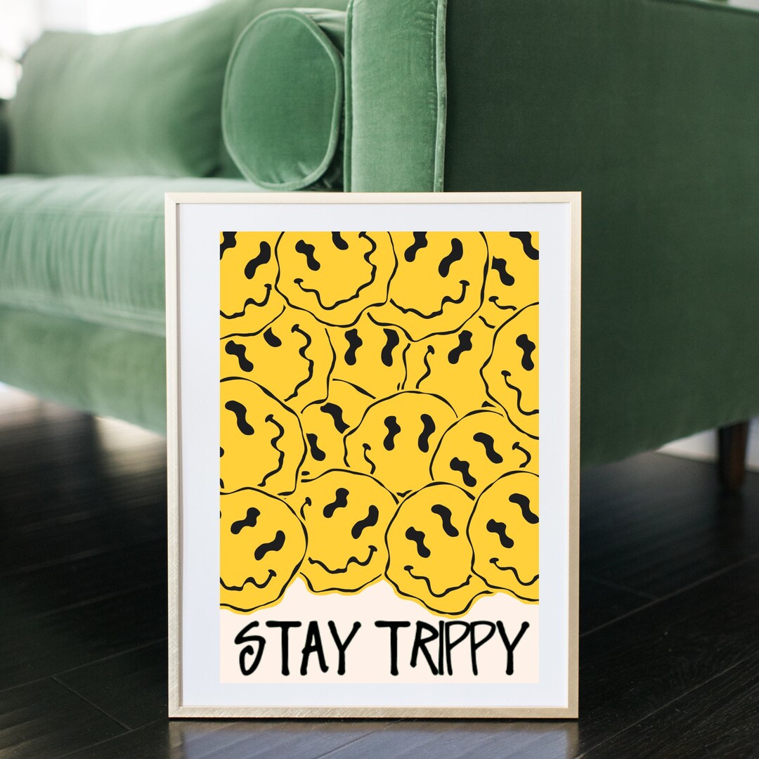 Psychedelic Poster Smiley Face Stay Trippy Poster Y2K - Etsy
