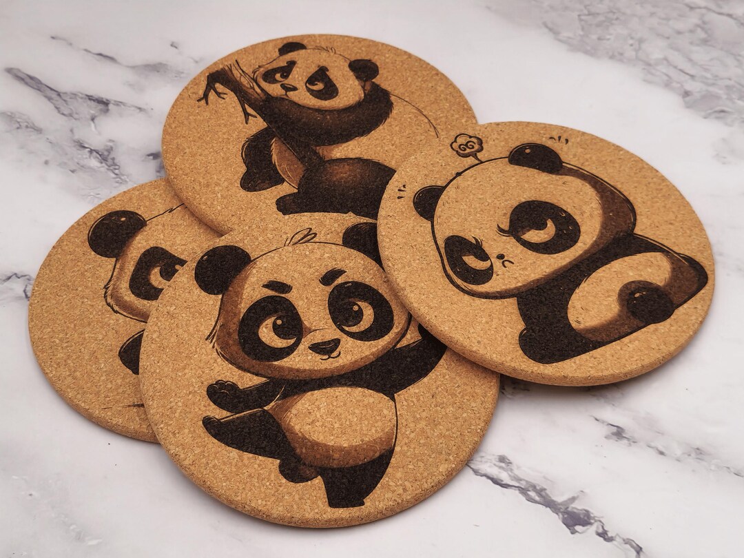 Set of 4 Funny Panda Cork Drink Coasters, Unique Fun Housewarming Gift ...