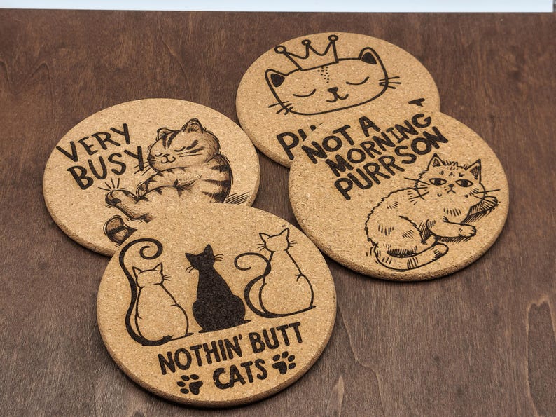 Set of 4 Unique Funny Cork Coasters Cat Engraving for Home or Great ...