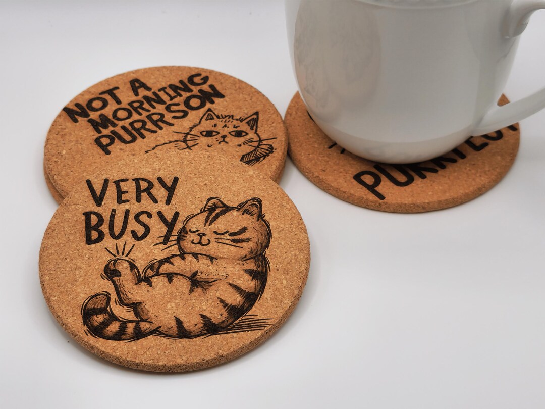 Set of 4 Unique Funny Cork Coasters Cat Engraving for Home or Great ...
