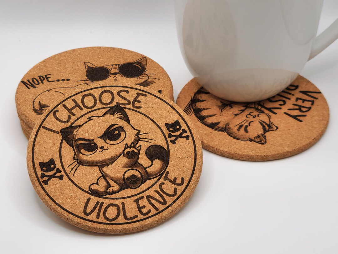 Set of 6 Unique Funny Cork Coasters Cat Engraving for Home or Great ...
