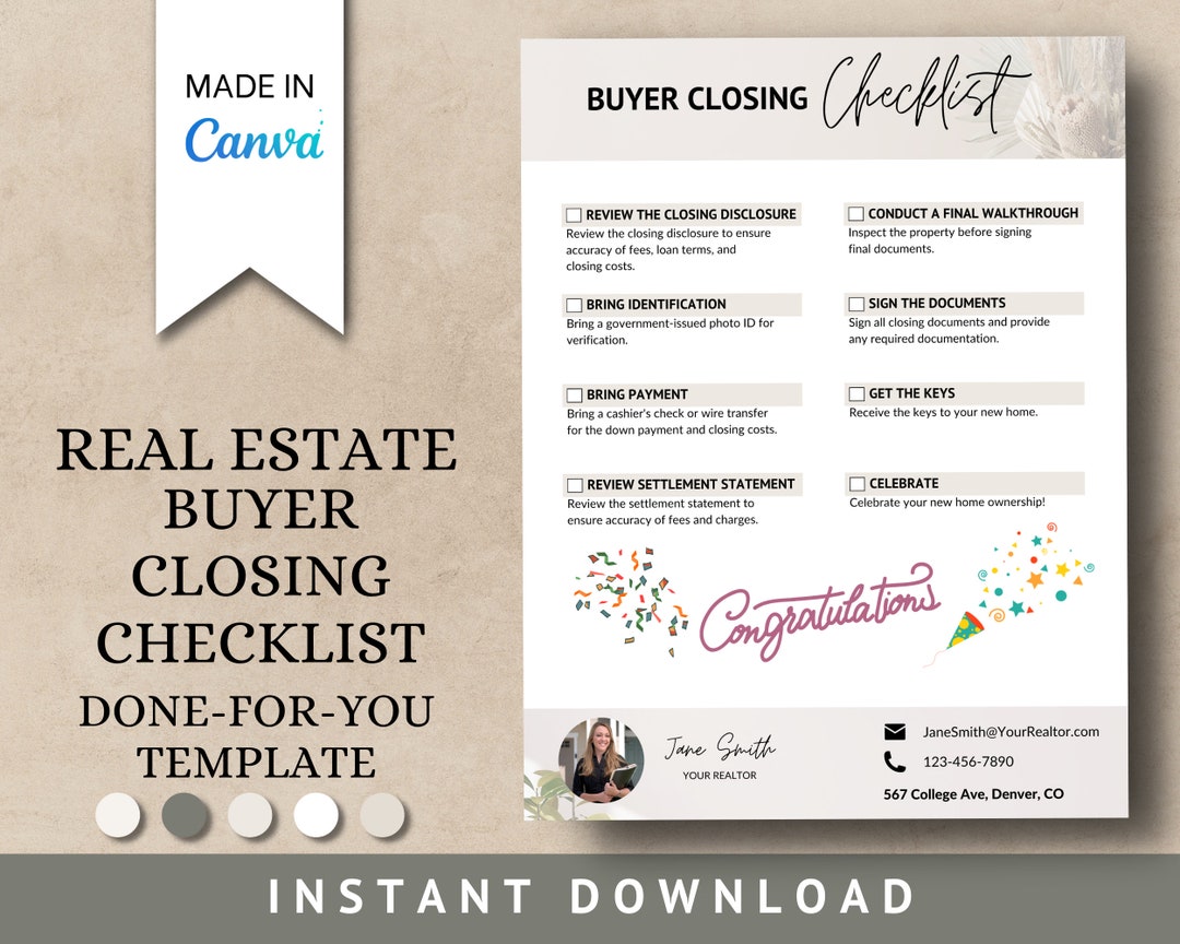 Real Estate Buyer Closing Checklist, Realtor Marketing, Instant ...