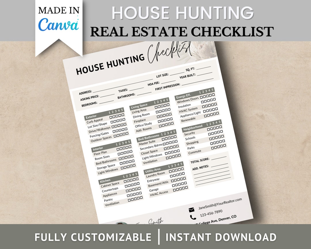 Real Estate House Hunting Checklist, Canva Template, Realtor Marketing ...