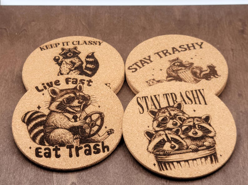 Set of 6 Funny Raccoon Cork Table Coasters, Clever Decor, Great Idea ...