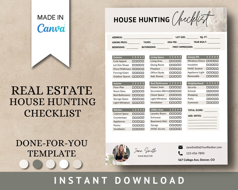 Real Estate House Hunting Checklist Canva Template Realtor - Etsy